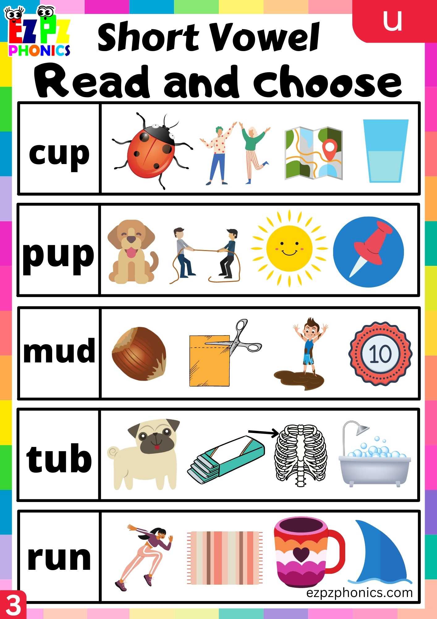 Group3 U Words Read And Choose Short Vowel CVC Words Worksheet - ezpzphonics.com